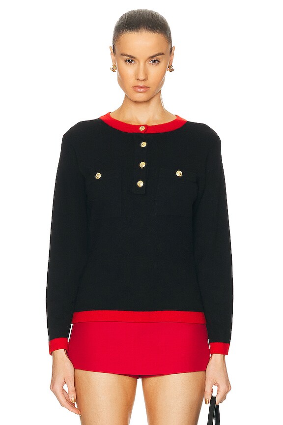 FWRD Renew Celine Button Sweater in Black & Red | REVOLVE
