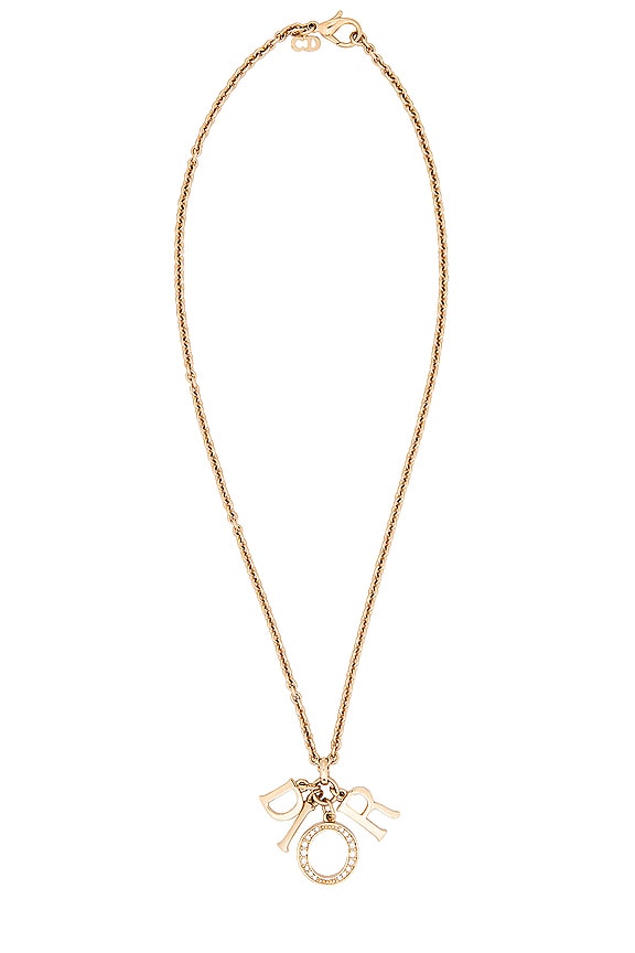 FWRD Renew Dior Rhinestone Logo Necklace in Light Gold | REVOLVE