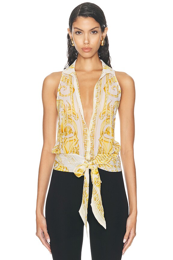 FWRD Renew Versace Silk Baroque Print Top in Gold | REVOLVE