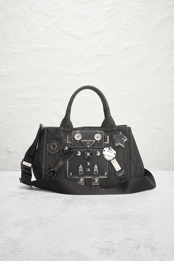 FWRD Renew Prada Denim Canapa Robot Handbag in Black | REVOLVE