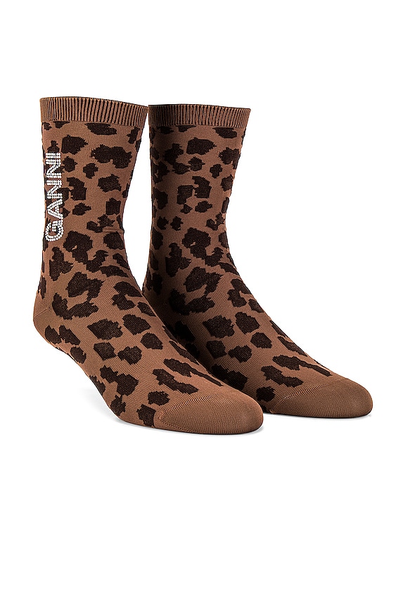 Ganni Leopard Socks in Toffee | REVOLVE
