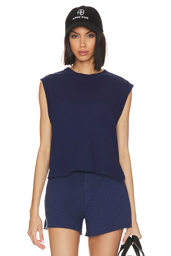 MONROW Linen Muscle Tank in Navy Blue | REVOLVE