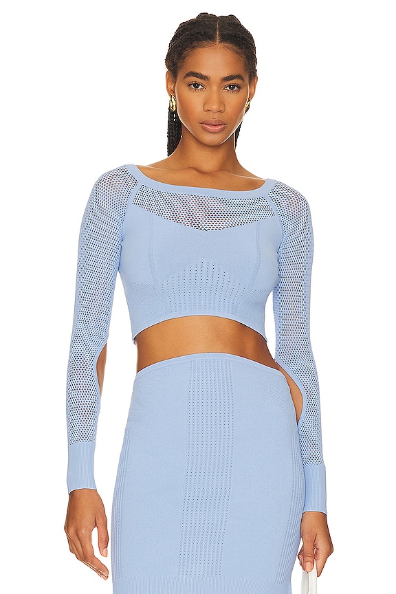 Herve Leger Mixed Rib Pointelle Off Top in Glacier | REVOLVE
