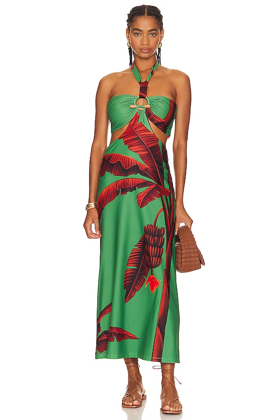 Johanna Ortiz Platanera Oriental Midi Dress in Banana Emerald & Cocoa ...