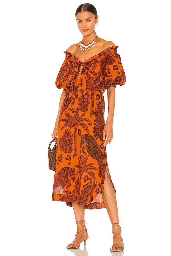 Johanna Ortiz Dramatic Sunset Midi Dress in Macondo Tan Nectarine ...