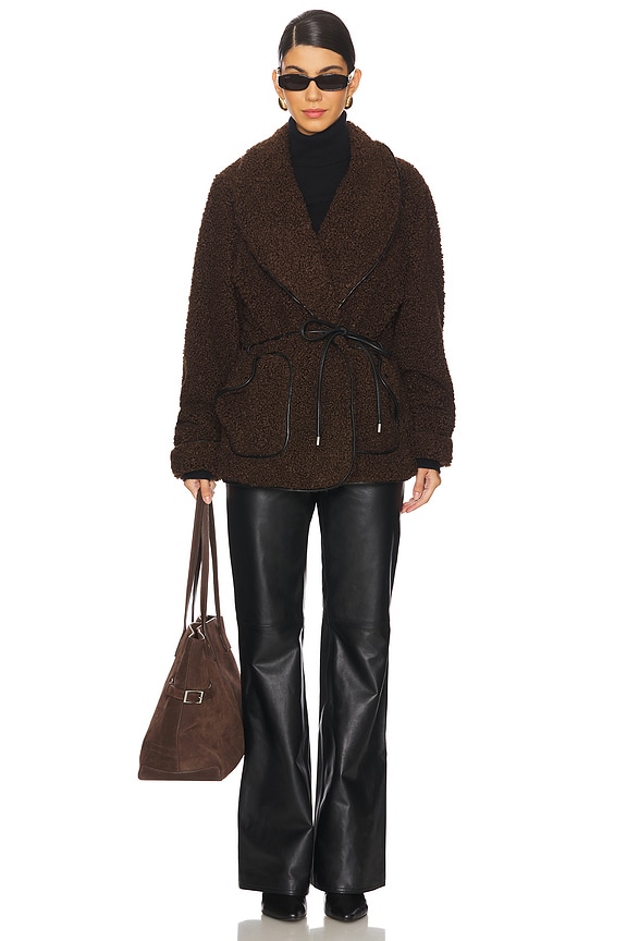 SIMKHAI Kimia Sherpa Tie Waist Jacket in Raven | REVOLVE