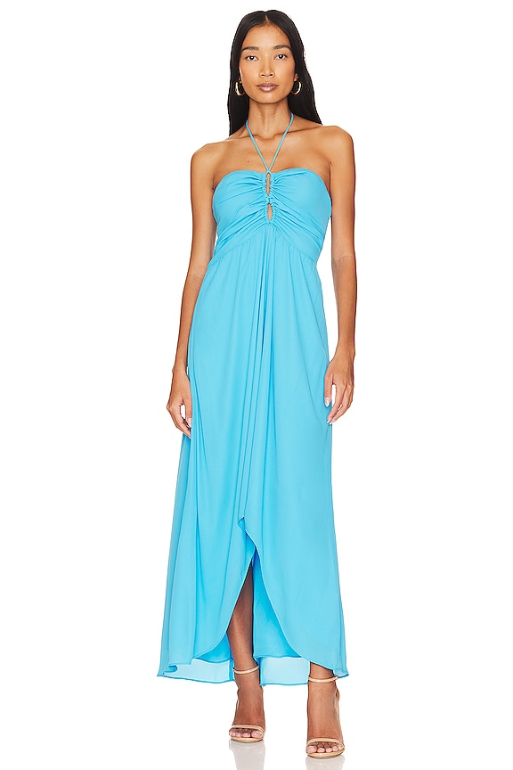 krisa Ruched Keyhole Halter Dress in Malibu | REVOLVE