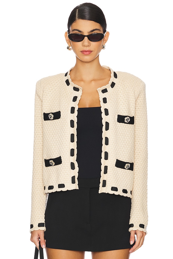 L'AGENCE Astor Contrast Trim Cardigan in Biscuit & Black | REVOLVE