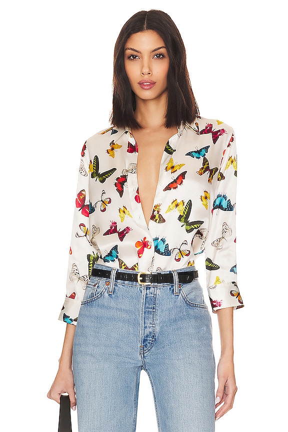 L'AGENCE Dani 3/4 Sleeve Blouse in White With Multi Butterflies | REVOLVE