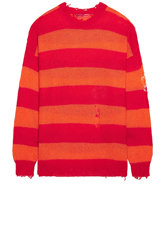 Members of the Rage Distressed Striped Sweater in Infrared | REVOLVE
