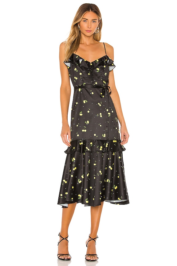 MILLY Cherry Print Stretch Satin Petal Dress in Black Yellow Multi ...