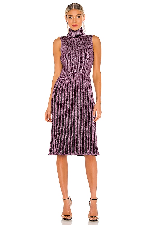MILLY Pleated Midi Dress in Black & Pink Lurex | REVOLVE