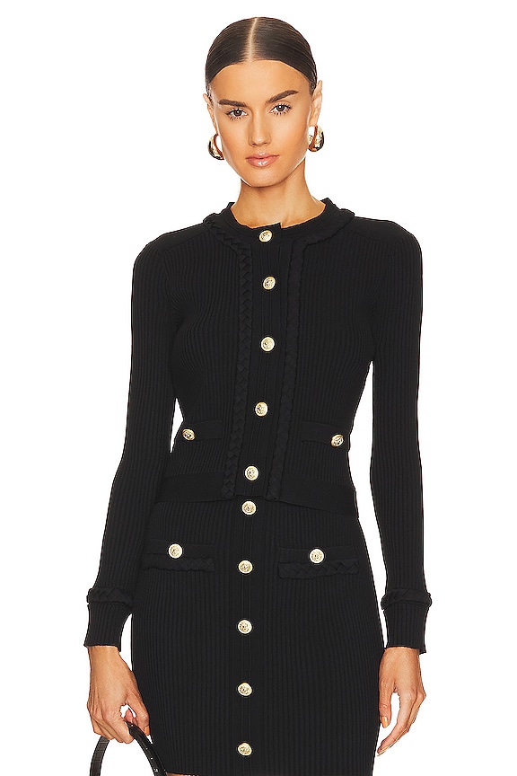 MILLY Braided Placket Cardigan in Black | REVOLVE