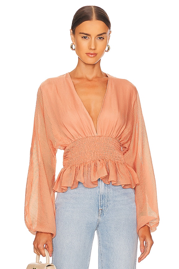 MINKPINK Tahlia Shirred Blouse in Terracotta | REVOLVE