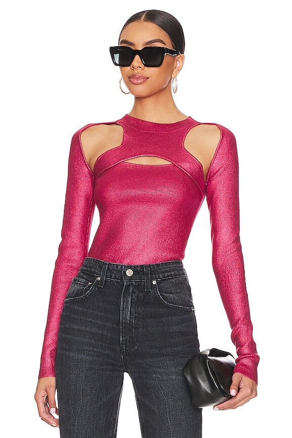 NBD Selma Metallic Coated Cut Out Sweater in Magenta | REVOLVE
