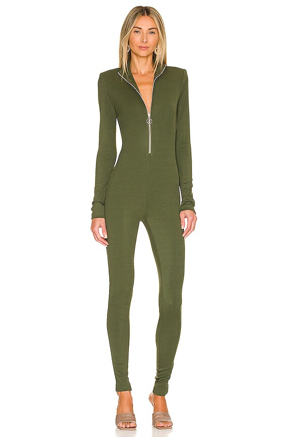 NICHOLAS Cyd Rib Long Sleeve Onesie with Zip in Moss | REVOLVE