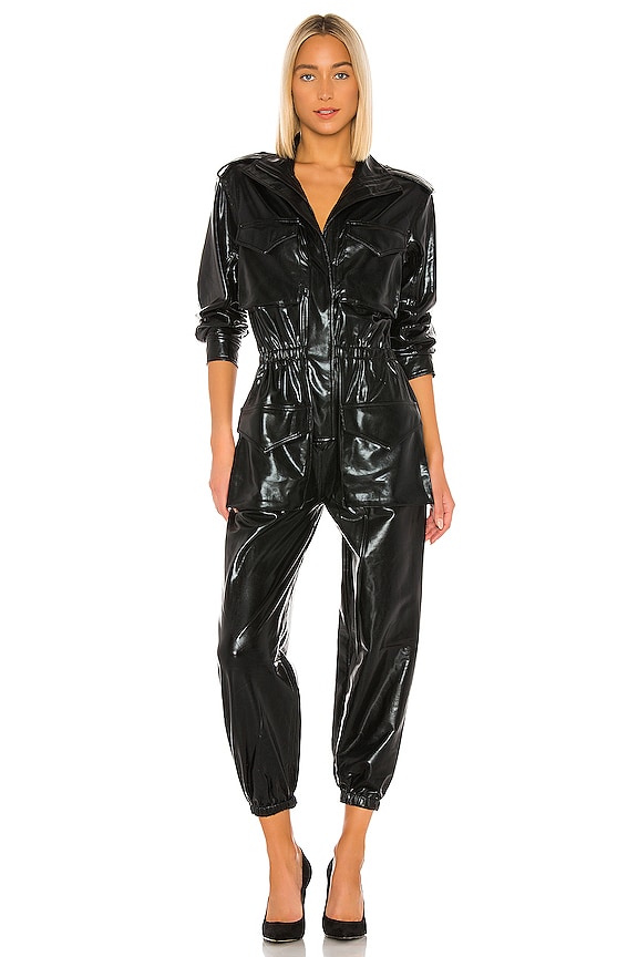Norma Kamali Turtle Cargo Jumpsuit in Black Foil | REVOLVE
