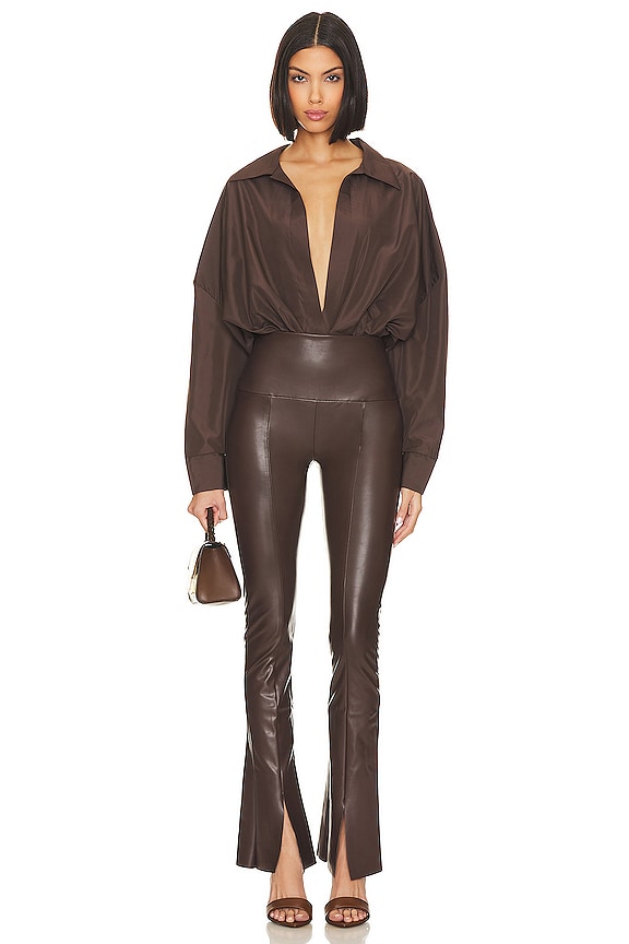 Norma Kamali Oversized Boyfriend Shirt Bodysuit in Chocolate | REVOLVE