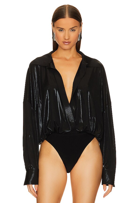 Norma Kamali Super Oversized Boyfriend Shirt Bodysuit in Black | REVOLVE