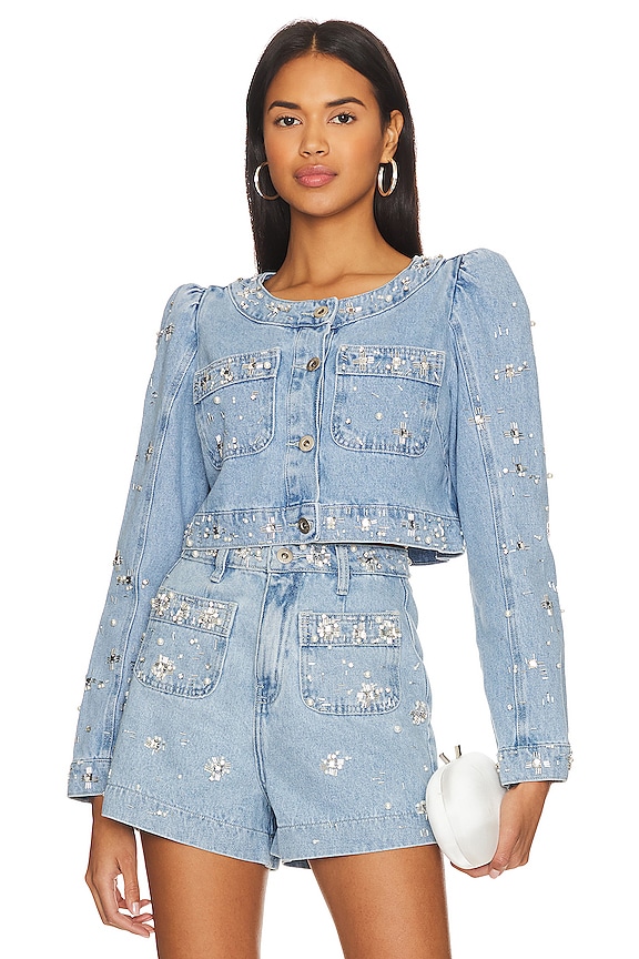 PatBO Hand-Beaded Cropped Jacket in Denim | REVOLVE