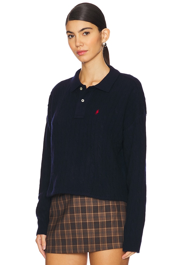 Polo Ralph Lauren Cable Wool-cashmere Polo Shirt in Hunter Navy | REVOLVE