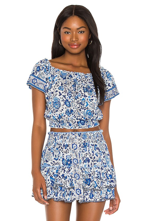 Poupette St Barth Camila Blouse en White Blue Celery | REVOLVE