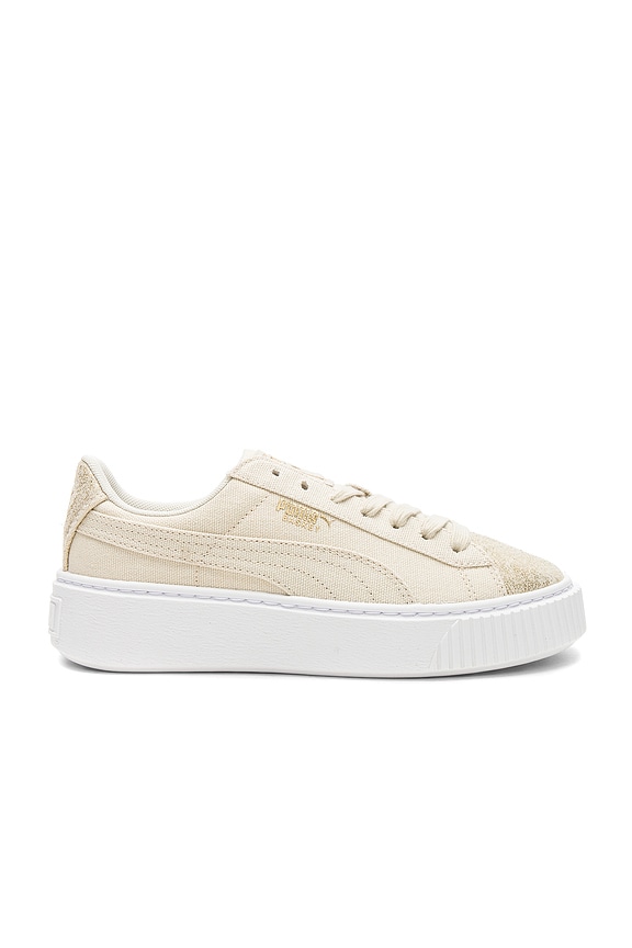 Puma Basket Platform Canvas Sneaker in Birch & Puma Team Gold | REVOLVE