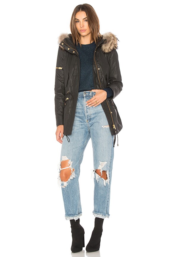 SAM. Mini Hudson Parka With Raccoon Fur Trim in Carbon & Natural | REVOLVE