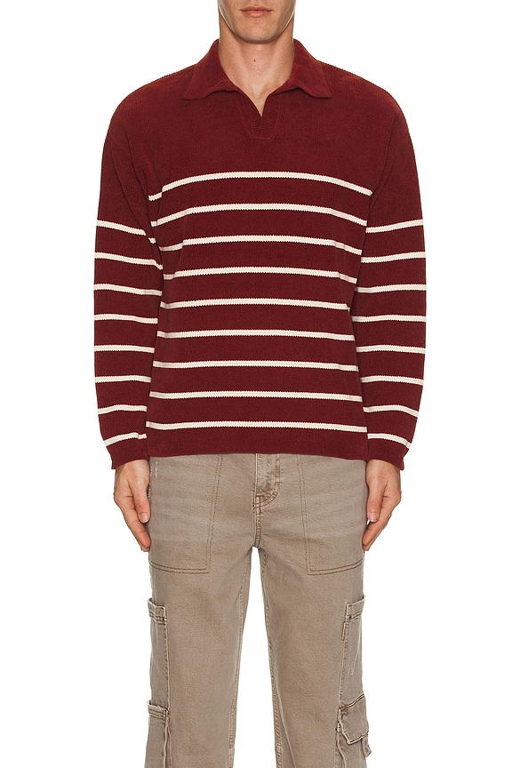 SATURDAYS NYC Mole Yarn Stripe Skipper Knit Polo in Brick | REVOLVE