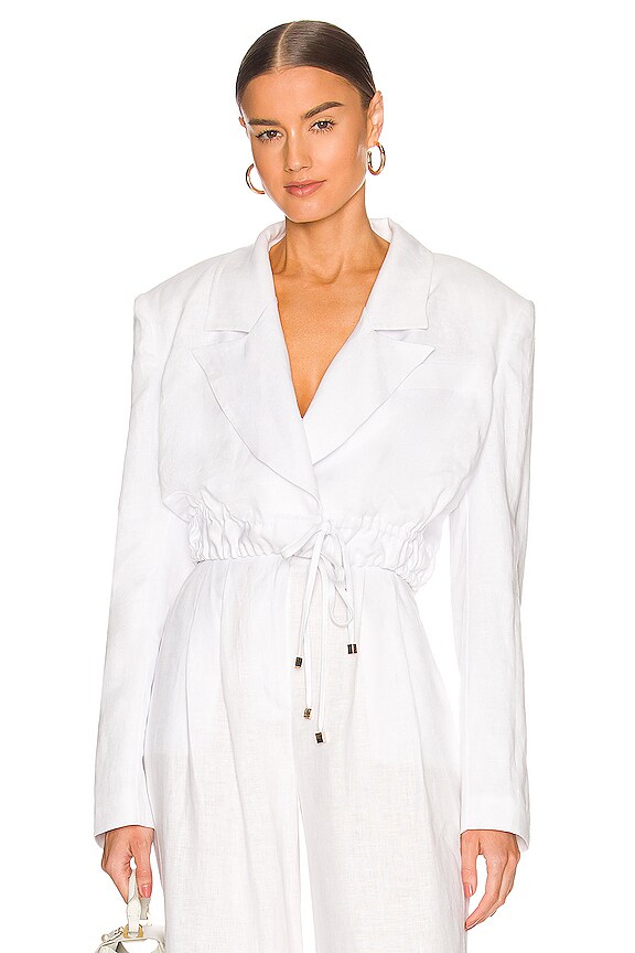 SELMACILEK Linen Crop Jacket in White | REVOLVE