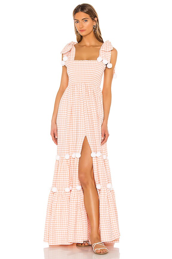 Sundress Pippa Long Dress in Gingham Peach With White Poms Poms | REVOLVE