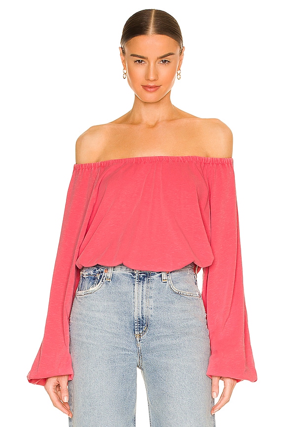SUNDRY Gathered Neck Blouse in Pigment Cherry | REVOLVE