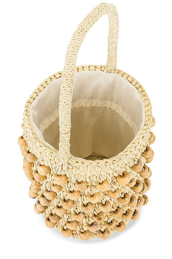 SENSI STUDIO Wood Beaded Mini Bucket Bag in Natural Straw & Beads | REVOLVE