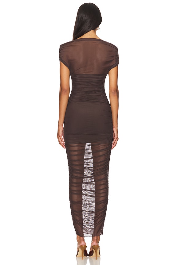 SEROYA Noel Off Shoulder Mesh Midi Dress in Ash Brown | REVOLVE