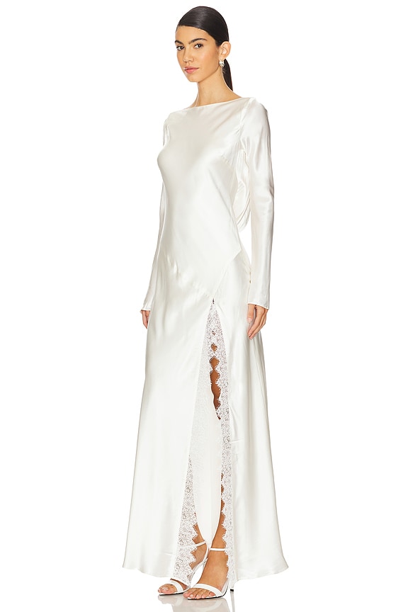 Shona Joy La Lune Cumulus Silk Backless Lace Split Maxi Dress in Ivory | REVOLVE