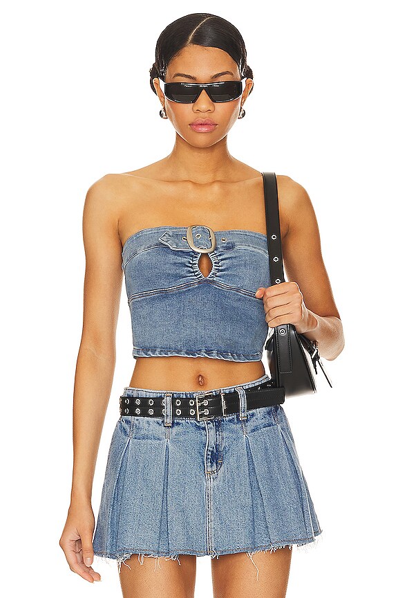 superdown Cropped Buckle Denim Top in Blue | REVOLVE