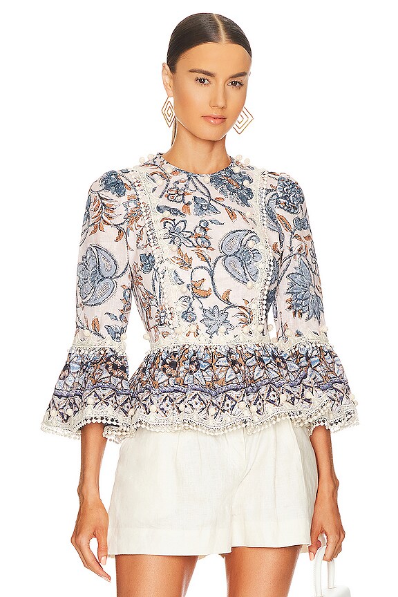Zimmermann Vitali Frill Cuff Bodice Top in Cornflower Floral | REVOLVE