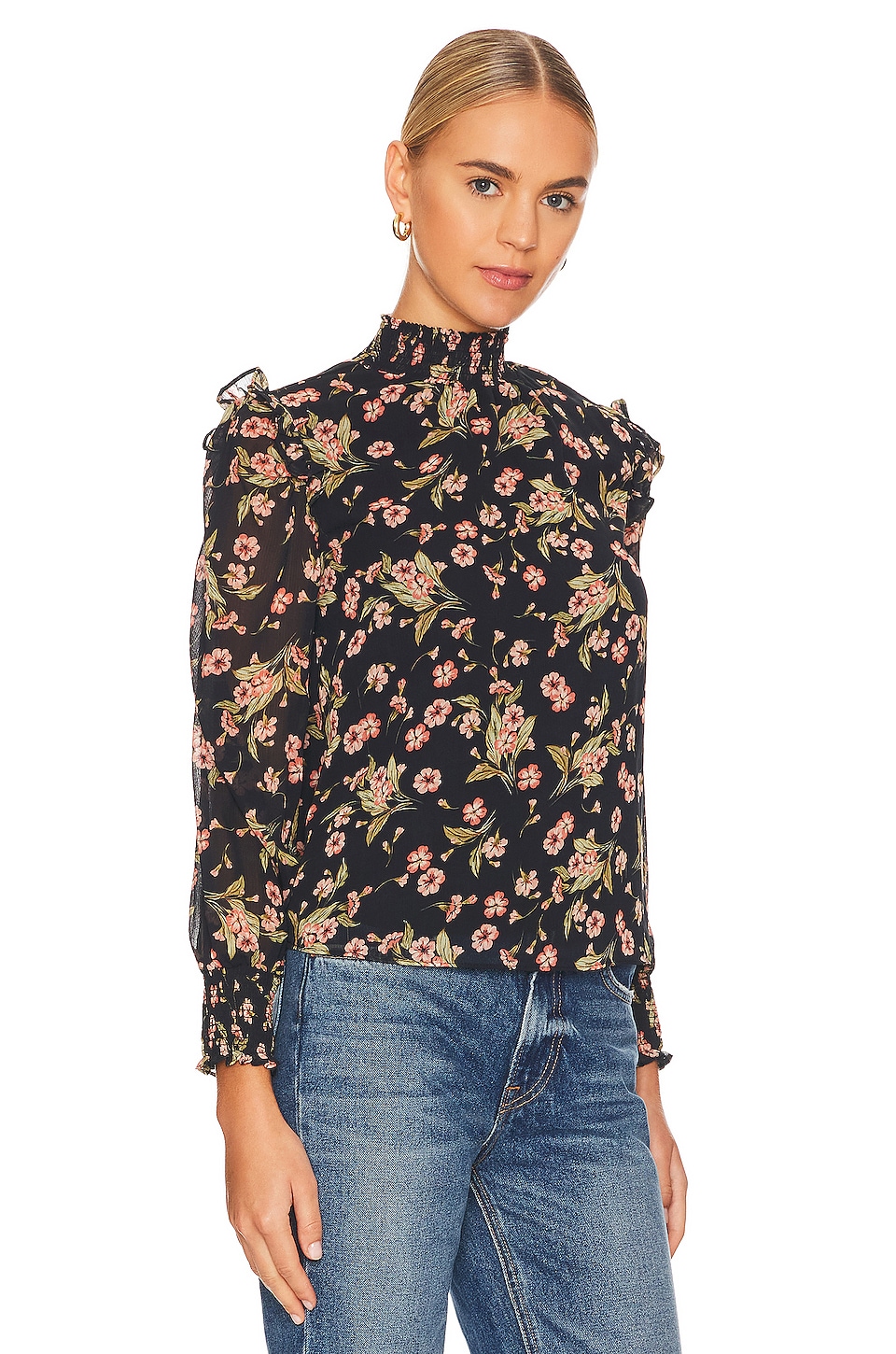 1. STATE Ruffle Smock Neck Top in Black & Multi | REVOLVE