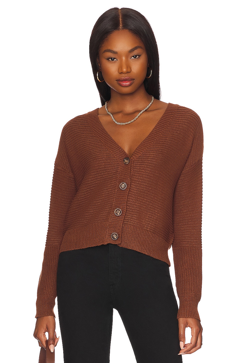 ALL THE WAYS Harper Deep V Cardigan in Chocolate | REVOLVE
