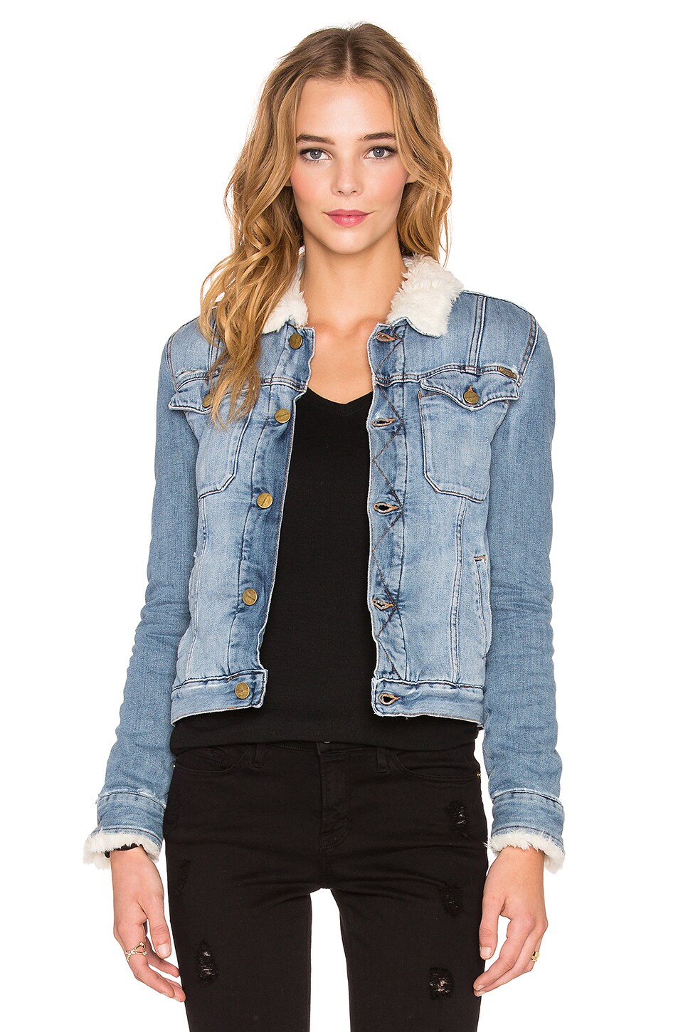 Acquaverde Shearling Denim Jacket in Denim Blue Worn | REVOLVE
