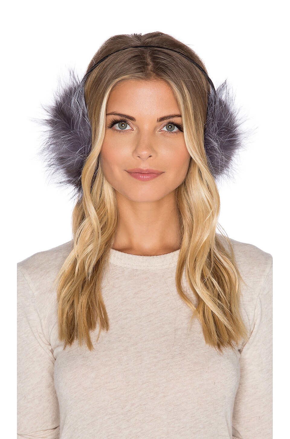 Adrienne Landau Fox Ear Muffs in Natural Silver | REVOLVE