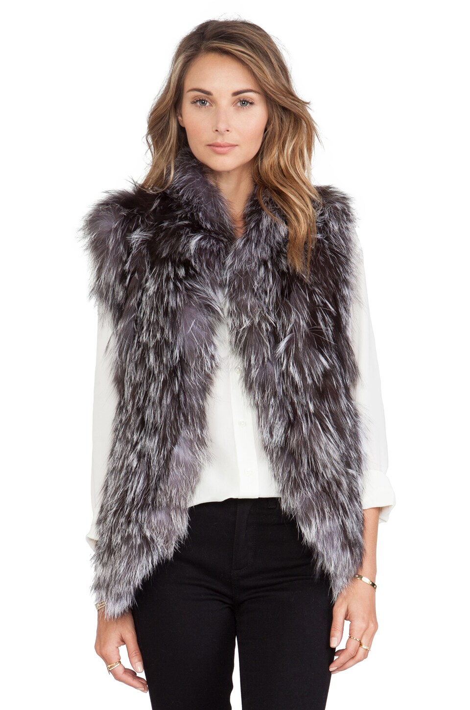 Adrienne Landau Knit Silver Fox Fur Vest in Natural | REVOLVE