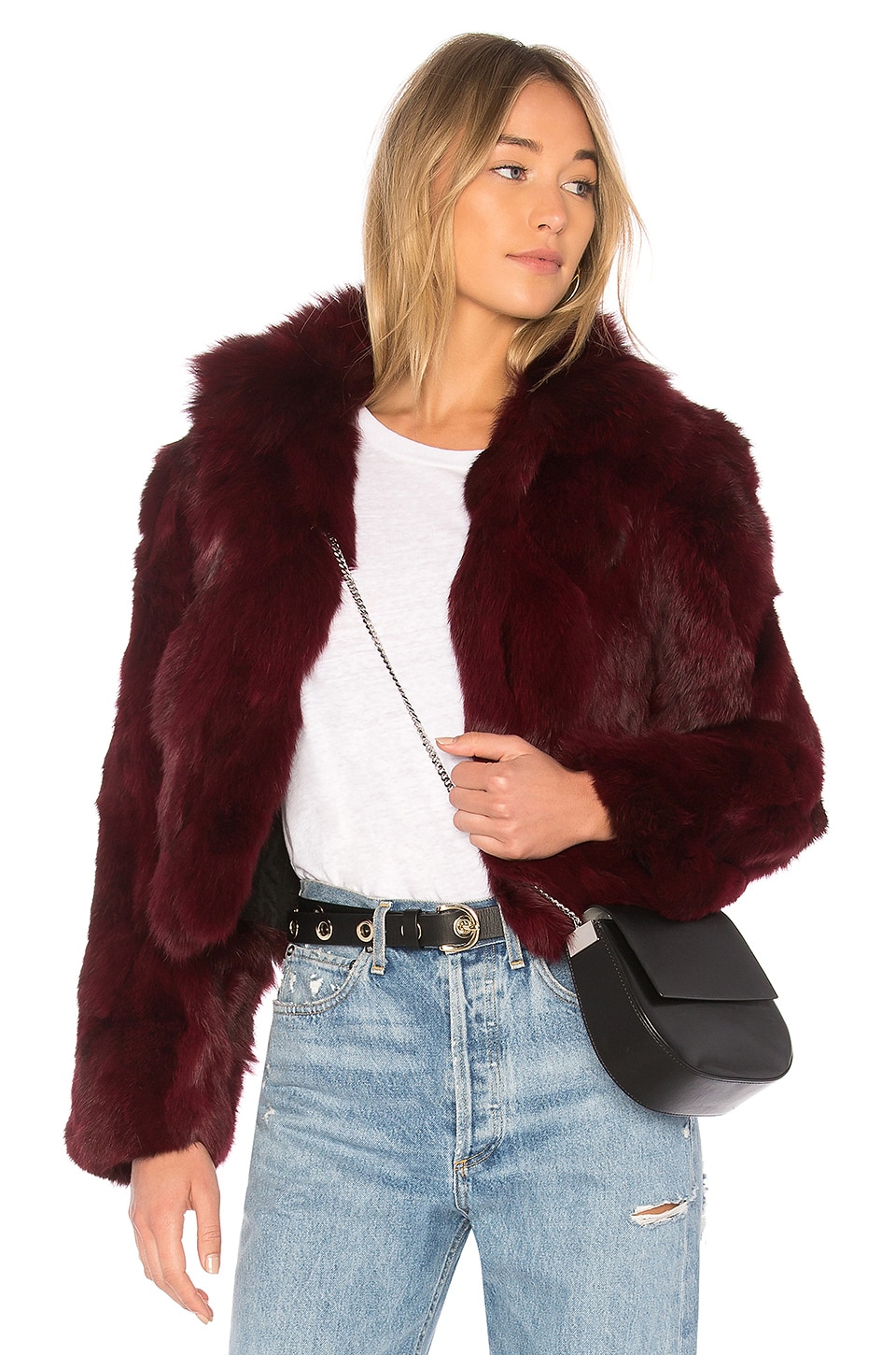 Adrienne Landau Rabbit Jacket With Fox Collar in Cranberry | REVOLVE