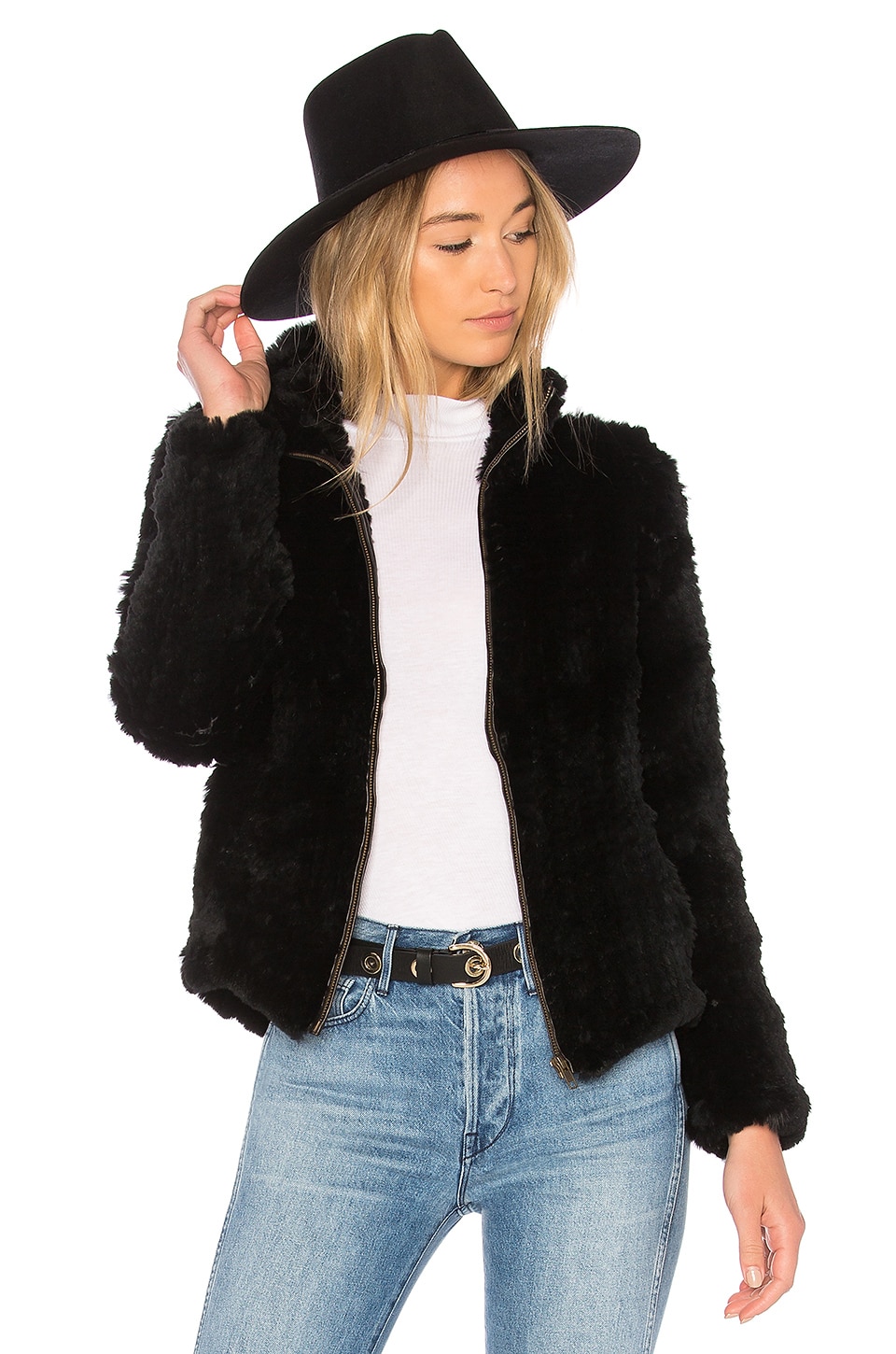 Adrienne Landau Knit Rabbit Zip Jacket in Black | REVOLVE