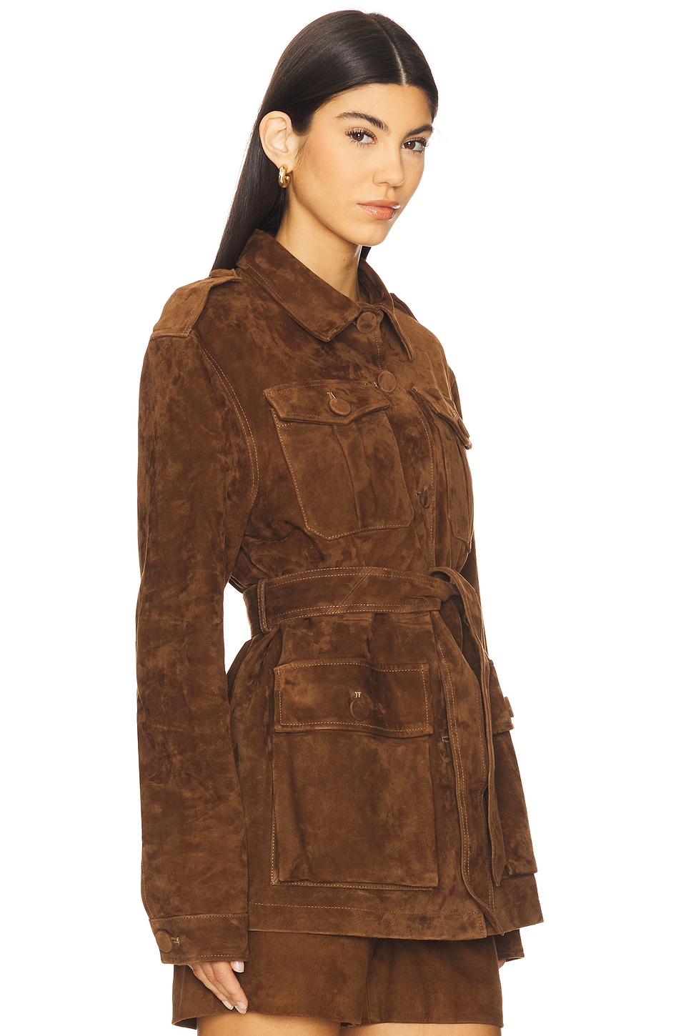 AEXAE Leather Suede Mid Jacket in Suede Honey Brown | REVOLVE
