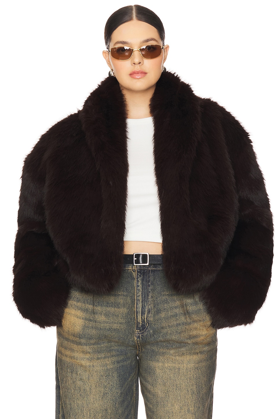 AFRM Stephanie Barrel Crop Faux Fur Jacket in Java | REVOLVE