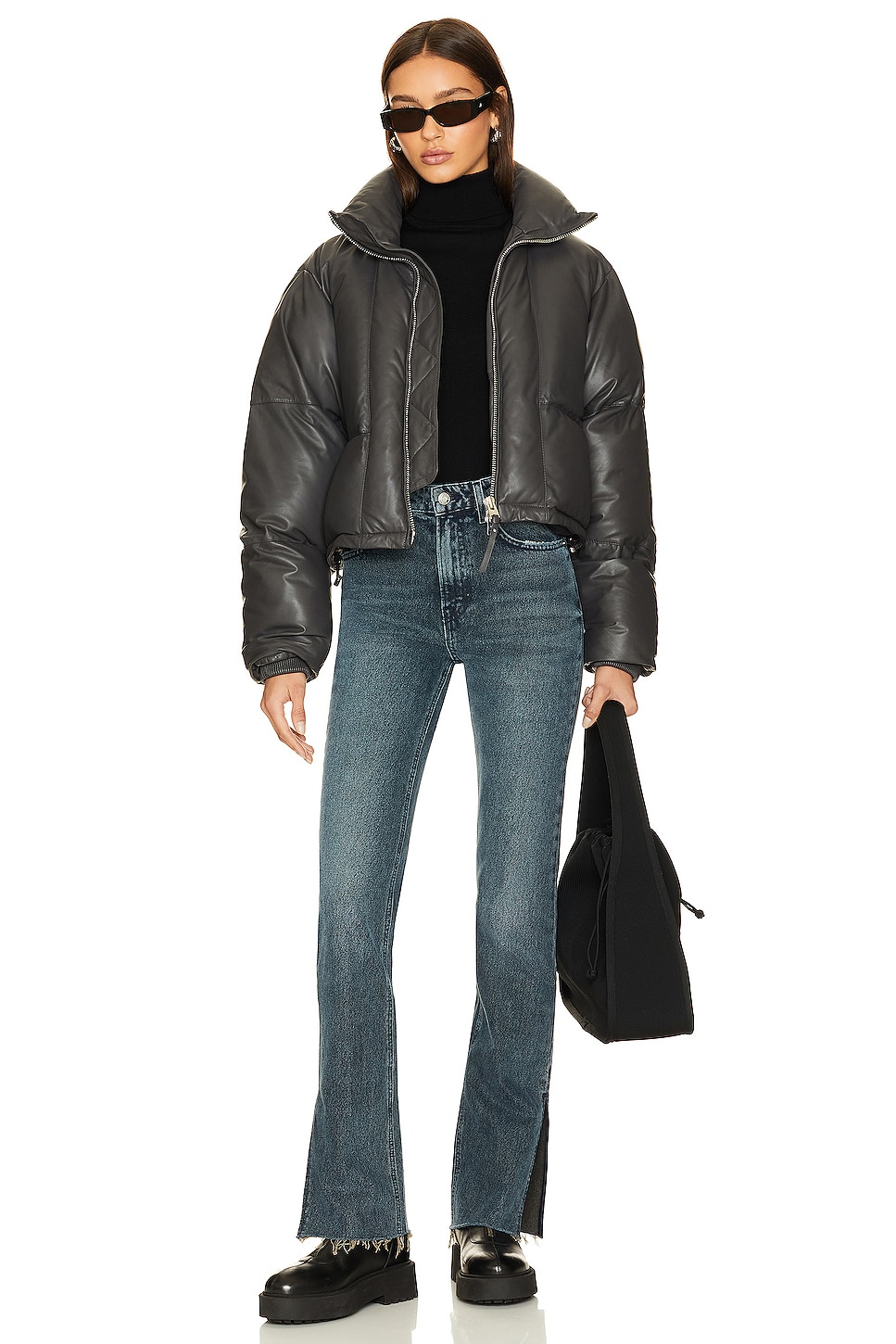 AGOLDE x Shoreditch Ski Club Edie Leather Puffer in Graphite | REVOLVE