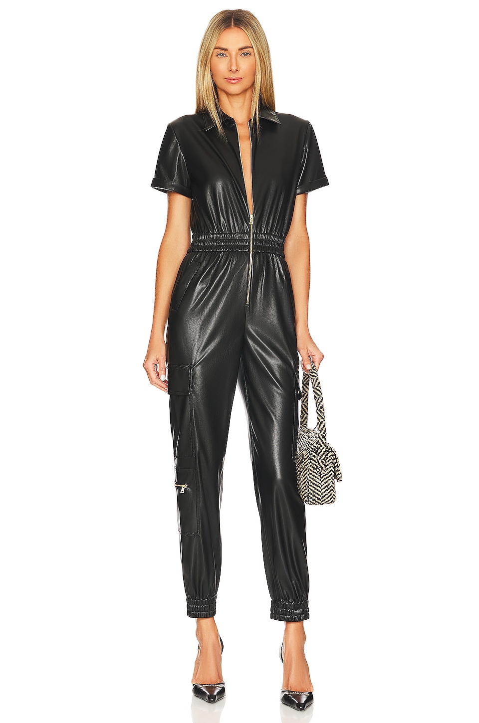 Alice + Olivia Levi Faux Leather Cargo Jumpsuit in Black | REVOLVE