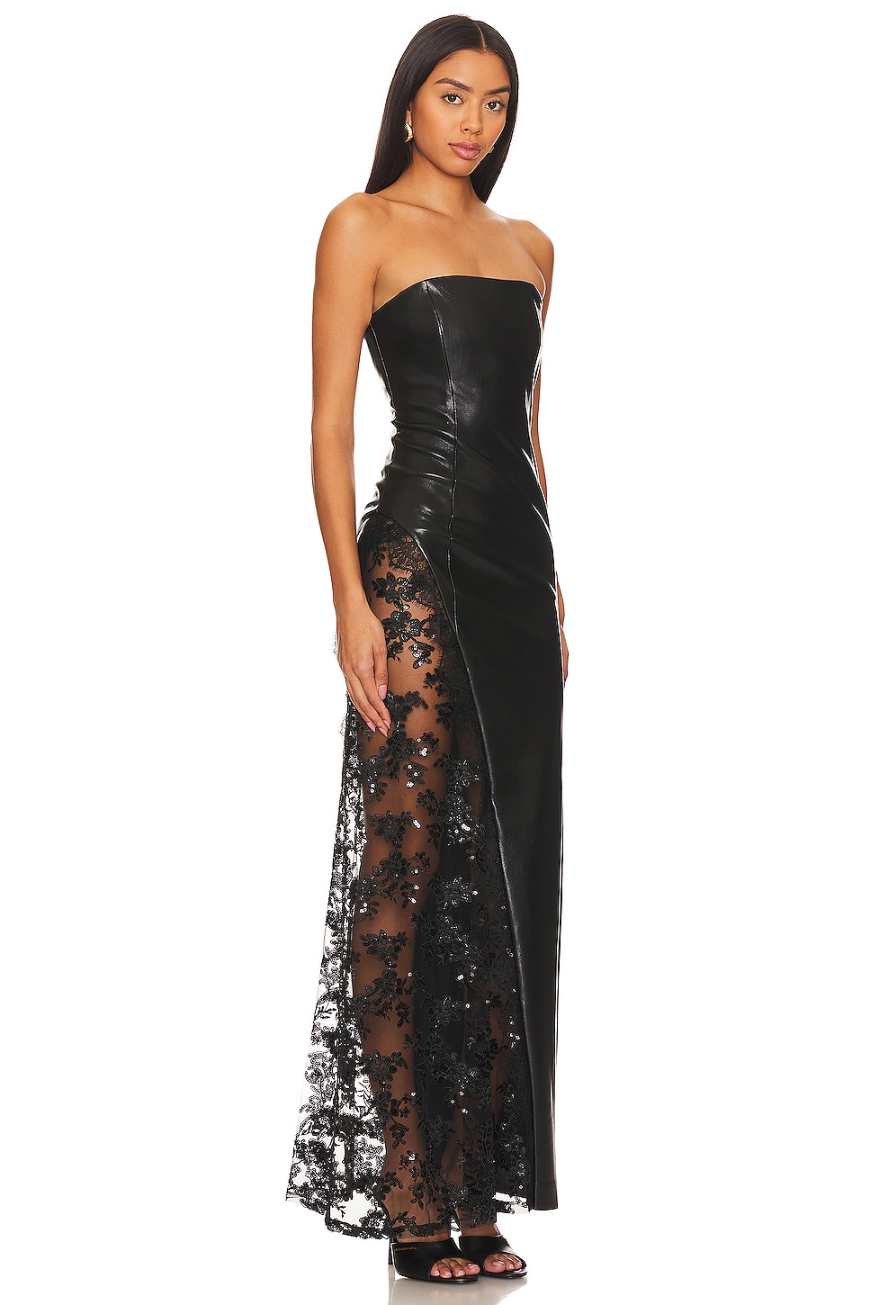 Alice + Olivia Retha Faux Leather Lace Maxi Dress in Black | REVOLVE