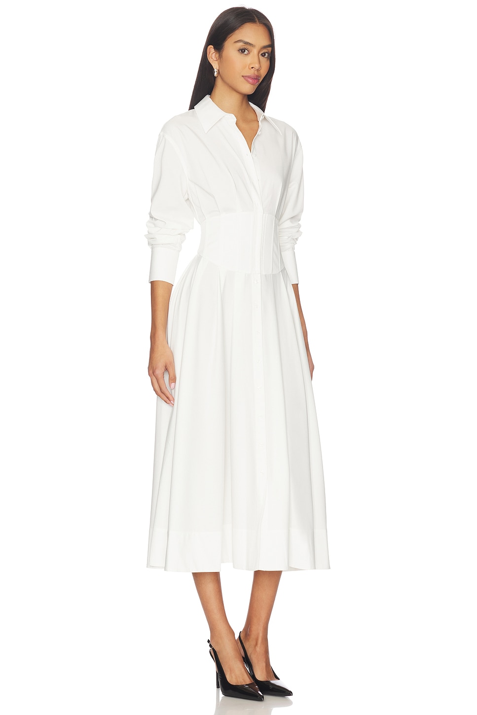 Alice + Olivia Edie Corset Button Down Midi Dress in Off White | REVOLVE